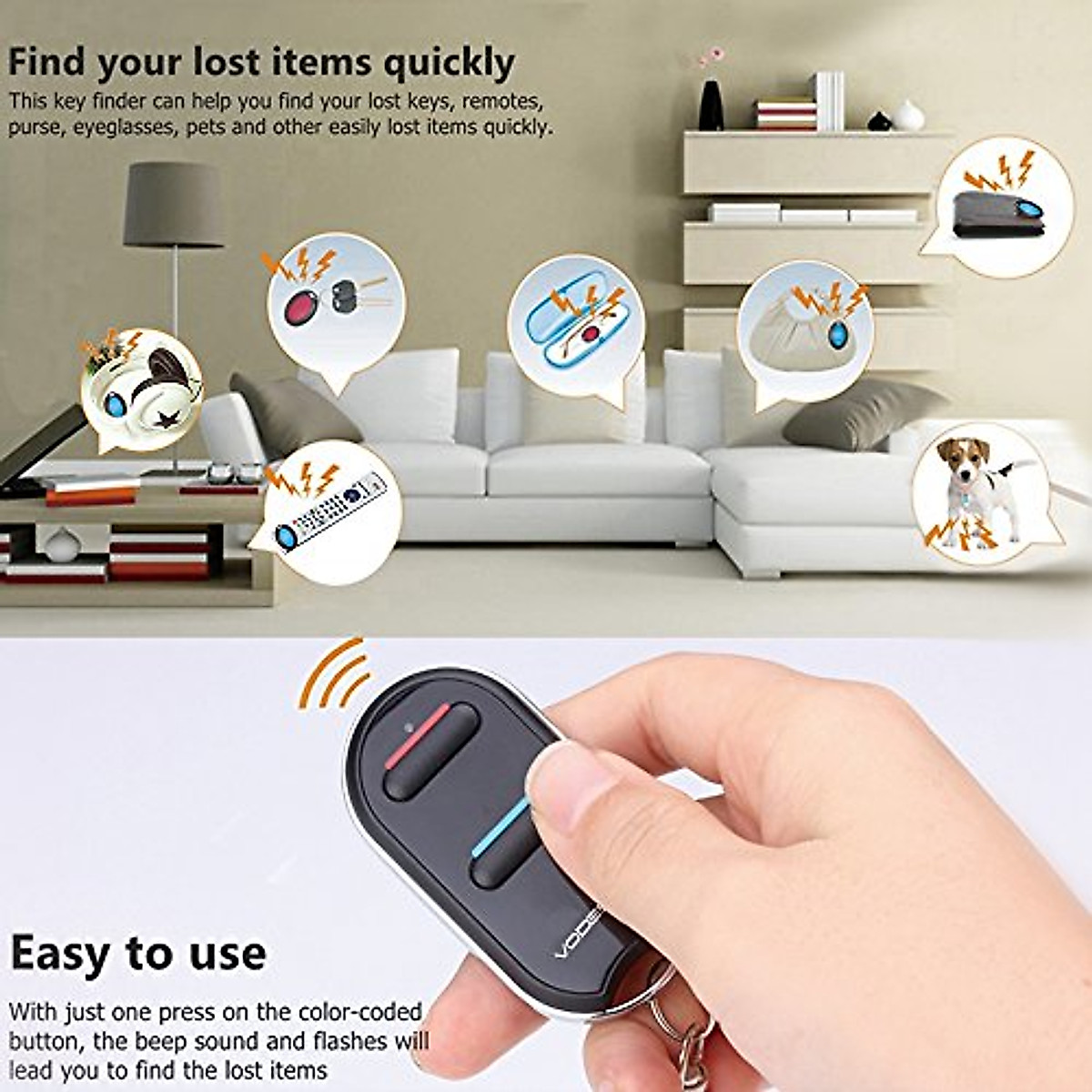 VODESON Key Finder Locator,Wireless Key Tracker,Remote Finder Tracking Device,Easy to Use,Perfect for Seniors,Tracker Tags for Car Keys,Phones,Wallet,TV Remote Control, Batteries Included