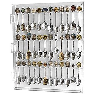 DisplayGifts All Clear Acrylic Spoon Display Case Rack to Hold 36 Souvenir or Tea Spoons Wall Mount Spoon Rack Cabinet with Door for Protection