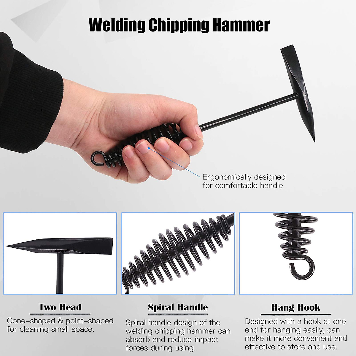 Glarks 4Pcs 10'' Welding Chipping Hammer with Coil Spring Handle and Wire Brush with a Pair Welding Gloves for Removing Slag and Welding Residue