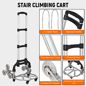 Stair Climbing Cart, 165 lbs Capacity Hand Truck, Foldable Hand Truck Aluminum Trolley with 10 Wheels, 2 Bungee Cords, Telescoping Handle, for Shopping, Moving, Office Use