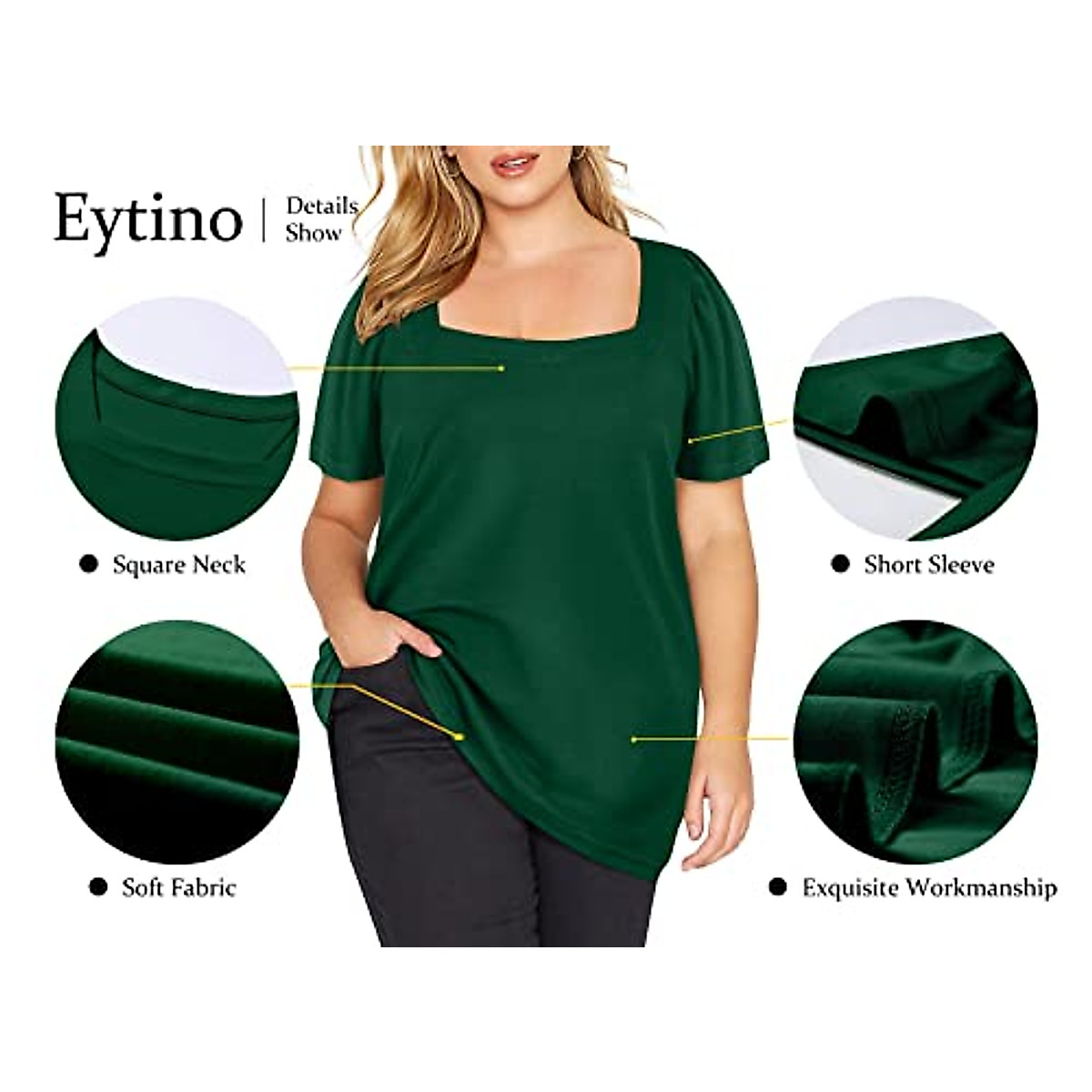 Eytino Womens Plus Size Tshirts Summer Square Neck Puff Sleeve Loose Casual Blouse Tops,2X Green
