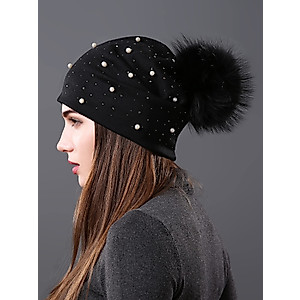 AICHUAN Womens Slouchy Beanie Hat with Real Raccoon Fur Ball Pompom Cotton Pearls Winter Fall Hat