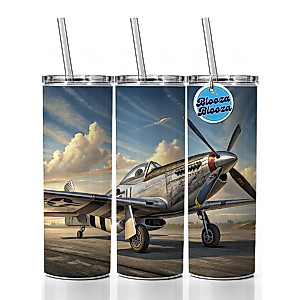 P-51 Mustang WWII US Fighter Plane Skinny Tumbler 20oz with Straw Insulated Water Bottle Gift