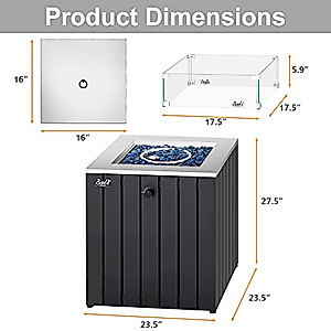 BALI OUTDOORS Gas Firepit Table 41,000 BTU, Square Propane Fire Pit with Stainless Steel Table Top Glass Wind Guard Blue Fire Stone, 23.6 Inch Outdoor Furniture Table for Backyard Patio Garden
