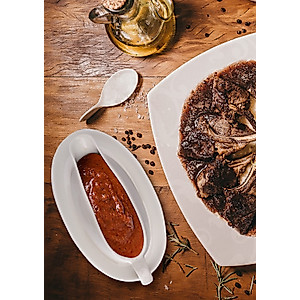 Nucookery Large 17 Oz Gravy Boat and Tray | Ergonomic Handle | White Fine Porcelain Saucier With Big Dripless Lip Spout For Gravy, Warming Sauces, Salad Dressings, Milk | Microwave & Freezer Safe