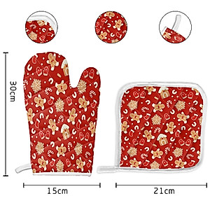 Merry Christmas Oven Mitts and Pot Holder Set, Thermal Insulation Kitchen Oven Glove and Anti-Slip Potholder for Cooking, BBQ, Baking, Microwave, Grilling - Gingerbread Man Red Background