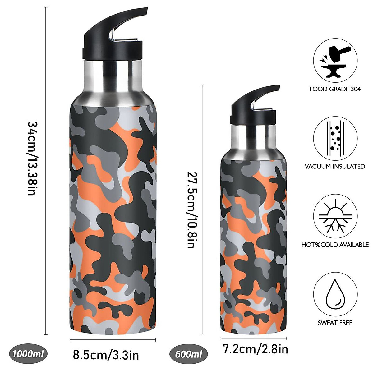 WELLDAY Water Bottle Orange Camouflage Double Wall Vacuum Insulated Flask Stainless Steel with Straw Lid 32oz