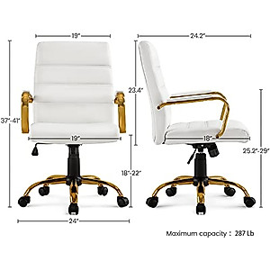 Yaheetech Mid-Back Office Chair PU Leather Desk Chair Adjustable Executive Task Chair w/Lumber Support Gold Leg White Seat