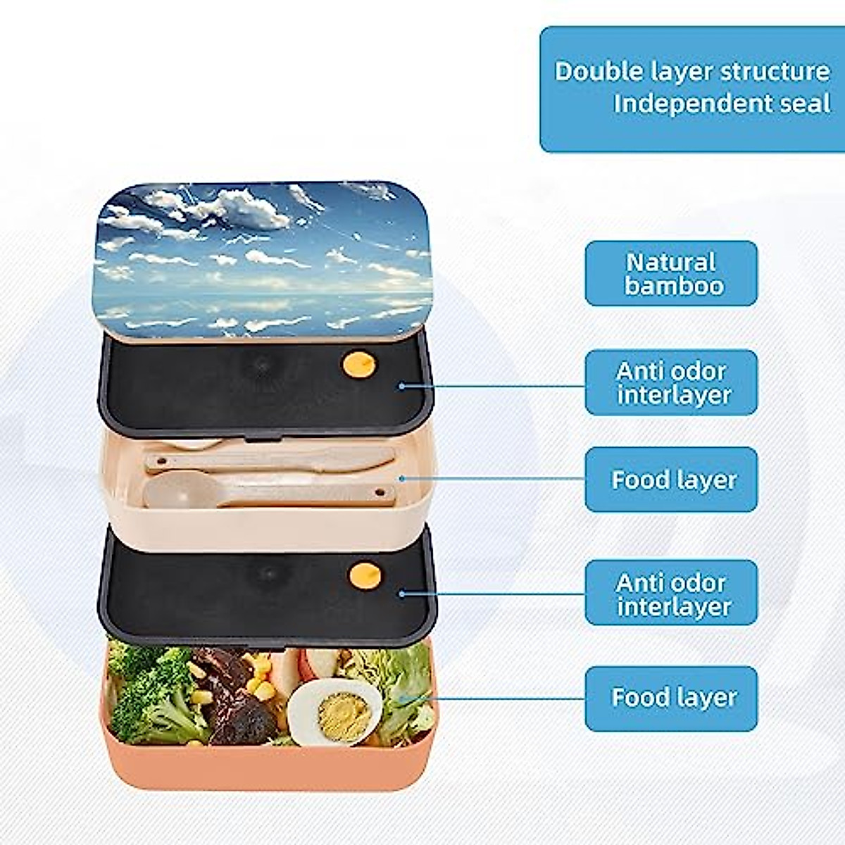 Blue Sky And White Clouds Adult Lunch Box, Bento Box, With Cutlery Set Of 3, 2 Compartments, Rectangular, Lunch Box For Adults