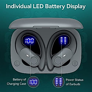 GOLREX Ear Buds Bluetooth Headphones Wireless Earbuds 36Hrs Playback Wireless Charging Case Digital Display Over-Ear Earphones with Earhook Waterproof Headset with Mic for Sport Running Workout Grey