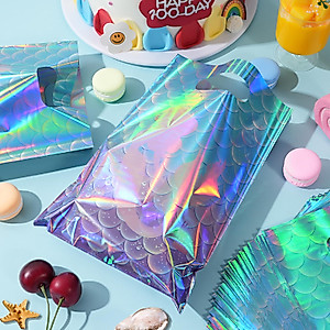 50Pcs Mermaid Iridescent Gift Bags,Plastic Mermaid Iridescent Laser Party Favor Goodie Bags Little Mermaid Candy Bags Purple Green Party Bags Supplies for Under Sea Mermaid Birthday Party Decorations
