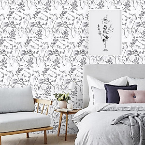 Froluya Gray Peel and Stick Wallpaper Gray Floral Wallpaper 17.7 inch×118.1inch Floral Contact Paper Flower Self Adhesive Removable Wallpaper for Bathroom Modern Breezy Leaves Decorative Wallpaper