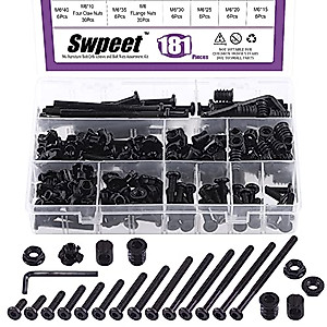 Swpeet 181Pcs M6 x 15mm - 80mm Black Zinc Flat Head Hex Socket Cap Baby Crib Bed Bolts and Threaded Insert Nuts with Flange Nuts and 4 Pronged Tee T Nuts Kit with Allen Wrench