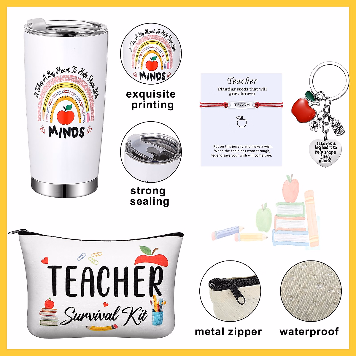 Maxcheck 16 Pcs Teacher Appreciation Gifts Set Include Teacher Tumbler Cosmetic Bag Keychain and Blessing Card Bracelets for Thank You Teacher Teacher's Day Graduation Gifts