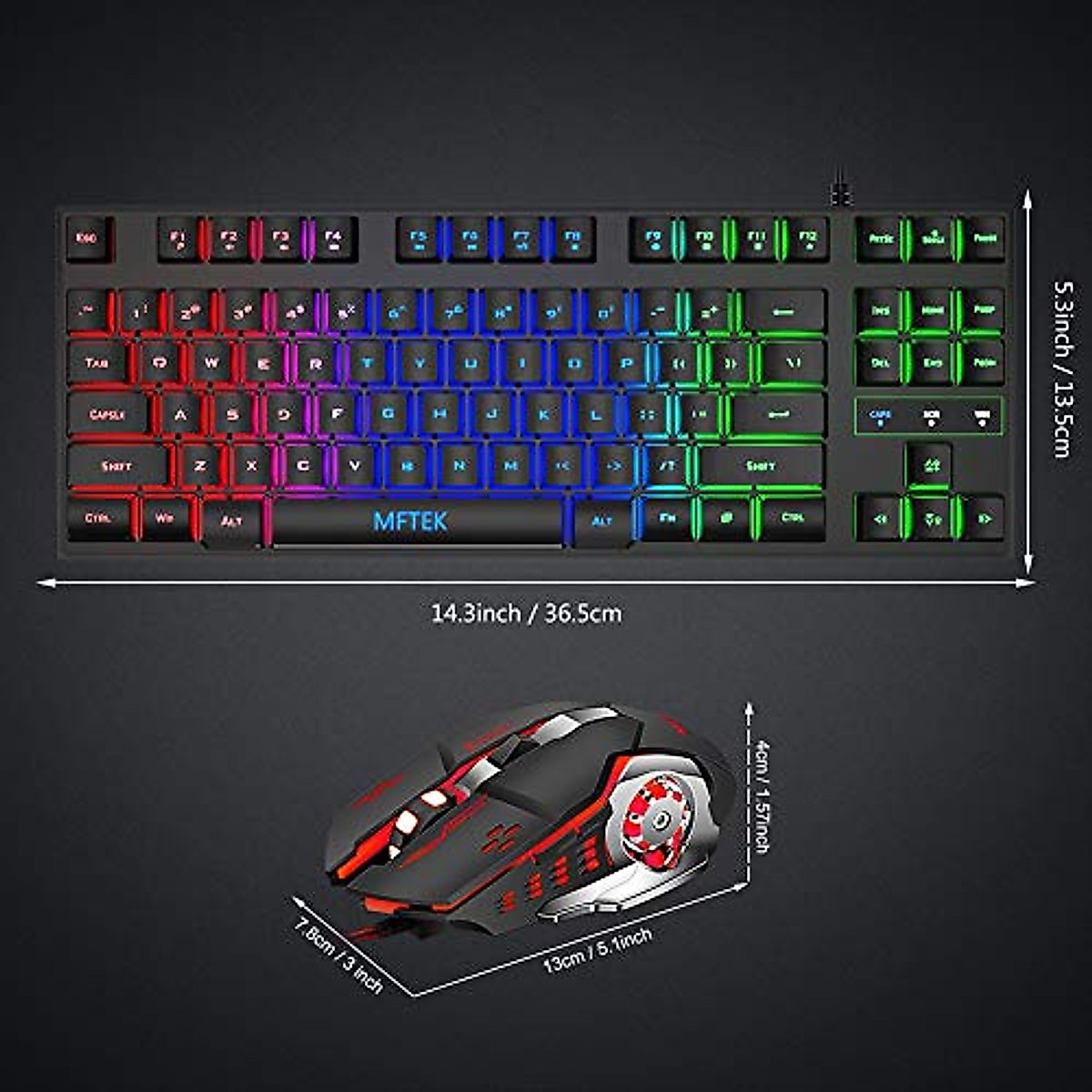 MFTEK RGB Rainbow Gaming Keyboard and Mouse Combo, Compact 87 Keys Backlit Computer Keyboard with Gaming Mouse, USB Wired Set for PC Gamer Laptop Work
