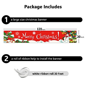 Large Merry Christmas Banner Xmas Outdoor Decorations Double Printed Snowman Santa Claus Tree Presents Winter 120" x 20" Huge Yard Sign Holiday Party Supplies Backdrop Home Decor Ornaments for Garden House Fence Garage Indoor Gifts
