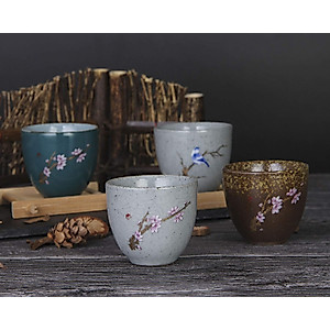 VanEnjoy Set of 5 Hand-Drawn Traditional Chinese Ceramic Teacup Tea Cups, Floral and Bird Pattern, Bulk Teacup in Gift Box (Floral Birds)