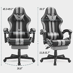 Ferghana Grey Gaming Chairs with Footrest,PC Gaming Chair,Computer Chair, E-Sports Chair,Ergonomic Office Chair with Adjustable Headrest and Lumbar Support(Grey)