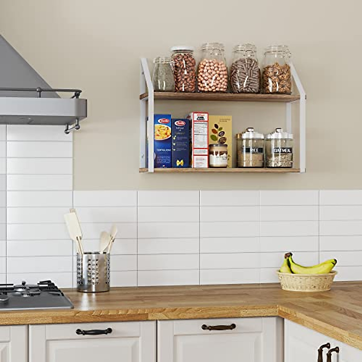 Wallniture Modena 2-Tier 24" Bathroom Organizer, Wall Shelves Kitchen Organization, Laundry Decor Book Shelves for Wall Living Room Burnt Finish, White Bracket