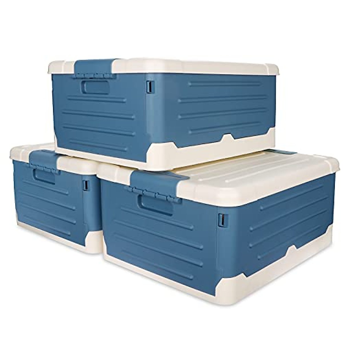 Aliokee 30L Collapsible Storage Bins with Lids,Durable Folding Plastic Containers, Utility Crates,Stackable Latch Storage Boxes For Home & Office &Car Travel Organization(3-Pack,Blue)