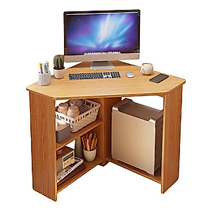 HEVIRGO Corner Desk,90 Degrees Triangle Computer Desk,Bedroom Makeup Vanity Desk,Desk with Drawers and Open Shelves,Small Space Industrial Desk for Home Office,Workstation,Living Room Light Brown