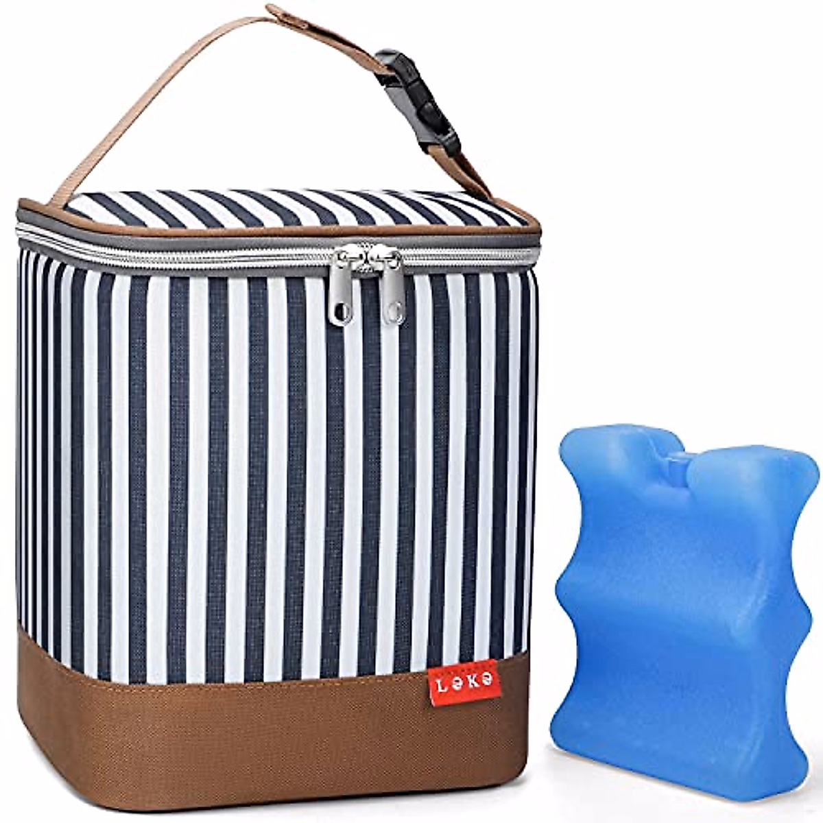 Lekebaby Baby Bottle Bag with Ice Pack Fits 6 Bottles or 4 Large 9 Oz Bottles, Leakproof Breastmilk Cooler Bag for Nursing Mom Daycare, Striped
