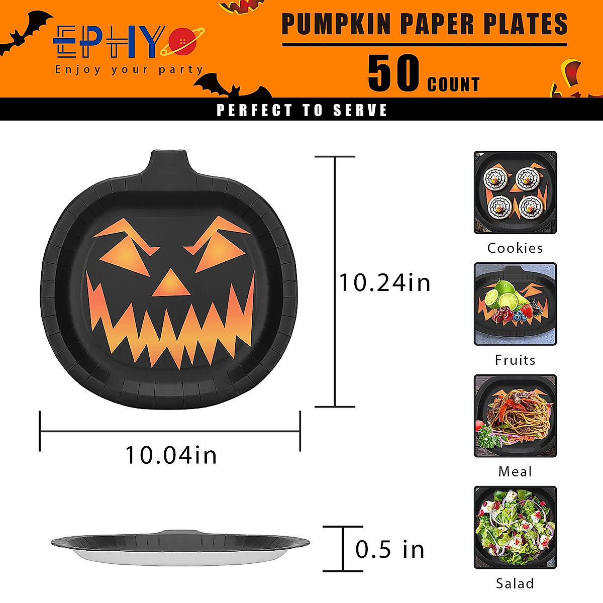 EPHYO 50 Count Halloween Paper Plates Disposable 10 x 10 Inch Party Supplies Dinnerware Plates Black Pumpkin Orange Decoration Plates
