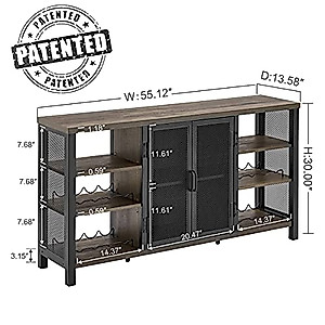 FATORRI Industrial Wine Bar Cabinet for Liquor and Glasses, Farmhouse Metal Sideboard & Wood Coffee/Buffet Cabinet with Wine Rack (55 Inch, Walnut Brown)