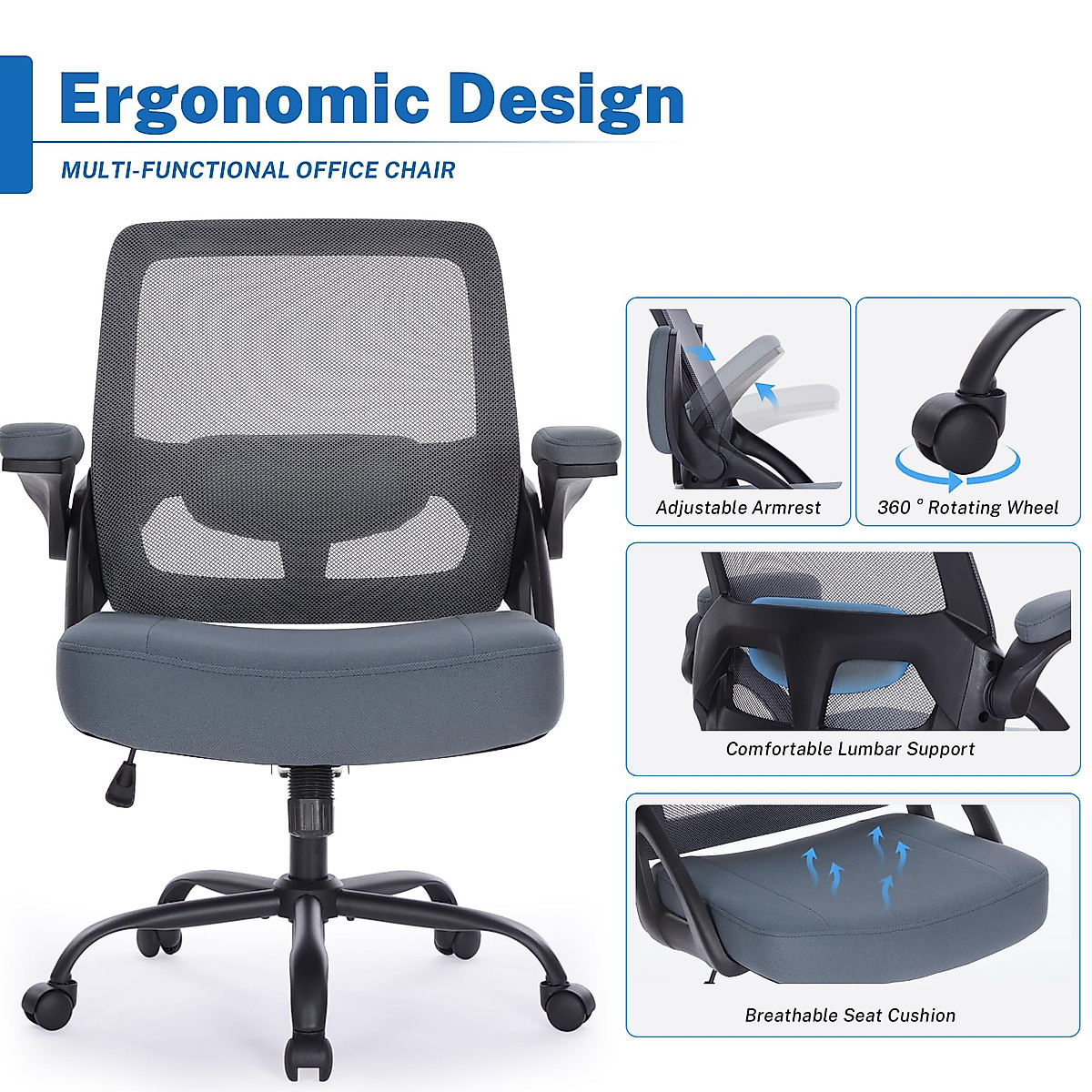 400lb Big and Tall Office Chair, Mesh Heavy Duty Desk Chair, Flip Arms Plus Size Ergonomic Computer Chair Extra Wide Seat, Executive Home Office Rolling Swivel Task Chairs for Heavy People