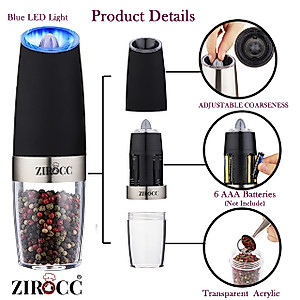 (2 Pack) Gravity Electric Salt and Pepper Grinder Set Battery Operated One Hand Automatic Operation, Adjustable Coarseness Mill Grinders Shakers LED Light, Kitchen Gadgets Gifts-Black