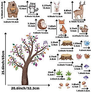 Suplanet Woodland Animals Wall Decals Tree Wall Stickers Fox Squirrel Deer Hedgehog Rabbit Bear Owl Raccoons Wall Decor for Boys Bedroom Baby Nursery Kids Bedroom Living Room