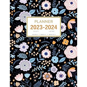 Planner July 2023-2024 June: 8.5 x 11 Large Notebook Organizer with Hourly Time Slots | Cute Pastel Floral Design Black