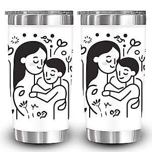 FOCIUZTA 20oz Charming Hand-Drawn Mother and Child with Floral Design Tumbler with lid, Travel Coffee Cup, Ideal for Easter, Mother Day, and birthday gifts