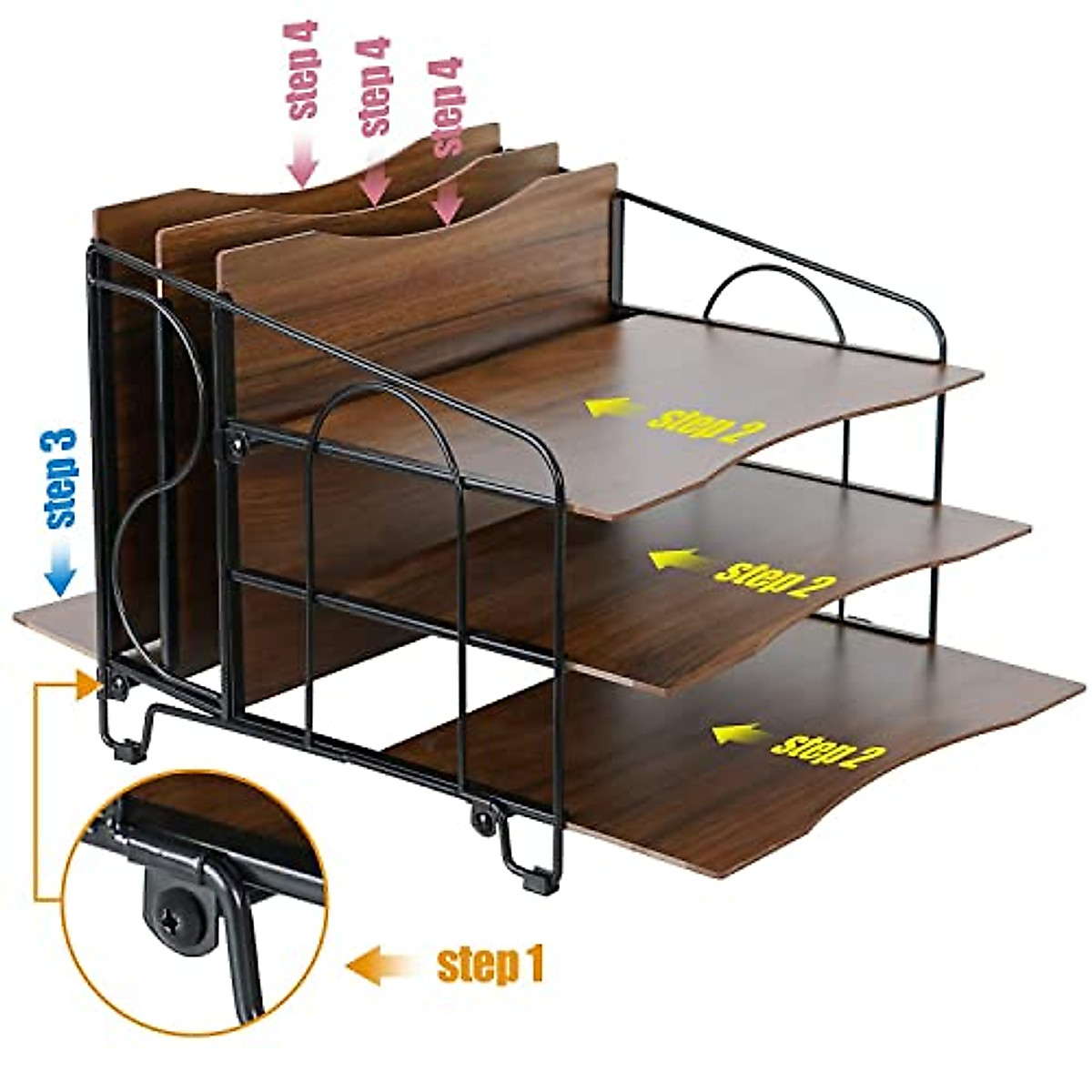 Aimeaihe Wood File Organizer, Metal Desk File Organizer with 3 Paper Letter Trays and 2 Vertical Upright Folder Holders, Desk Organizers and Accessories for Office Home School, Black