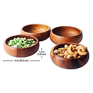 Glaver's Natural Acacia Wooden Bowls Hand-Carved Calabash Dip Tray Bowl S/4 Ideal for Appetizers, Dips, Sauce, Nuts, Candy, Olives, Seeds, Desserts and More. (Round)