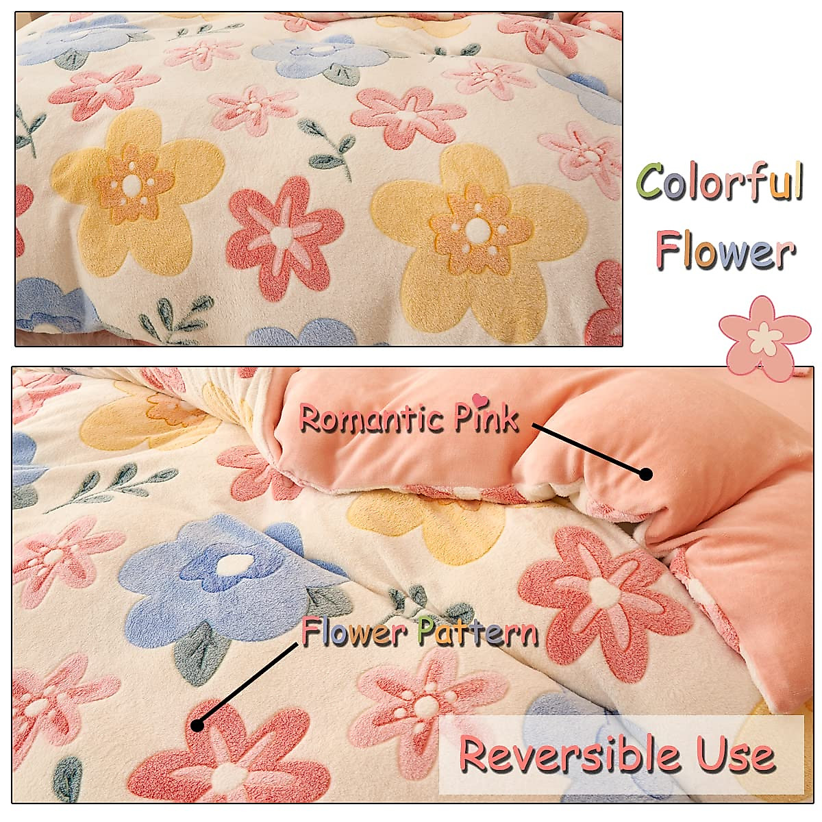 LMONMOO Pink Duvet Cover Twin, Fluffy Comforter Cover Set, Kawaii Bedding Sets for Girl Ultra Soft Cute Floral Bed Set for Kids (Flower, Twin)