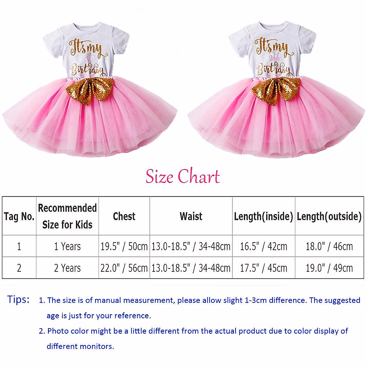 Newborn Baby Girls It's My 1st/2nd Birthday Cake Smash Outfit One Two Year First Birthday Party Tutu Dress for Little Girls Princess Shiny Letter Sequin Bow Polka Dot Tulle Dress Dance Clothes 5#Rose