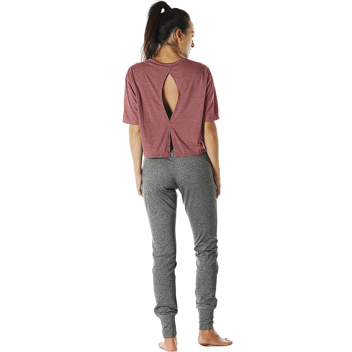 icyzone Open Back Workout Top Shirts - Yoga t-Shirts Activewear Exercise Crop Tops for Women (M, Burgundy)