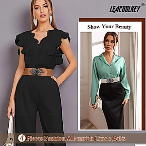 LEACOOLKEY 4 Pack Women Wide Elastic Waist Belt for Dress Vintage Stretch Cinch Belt Retro Buckle