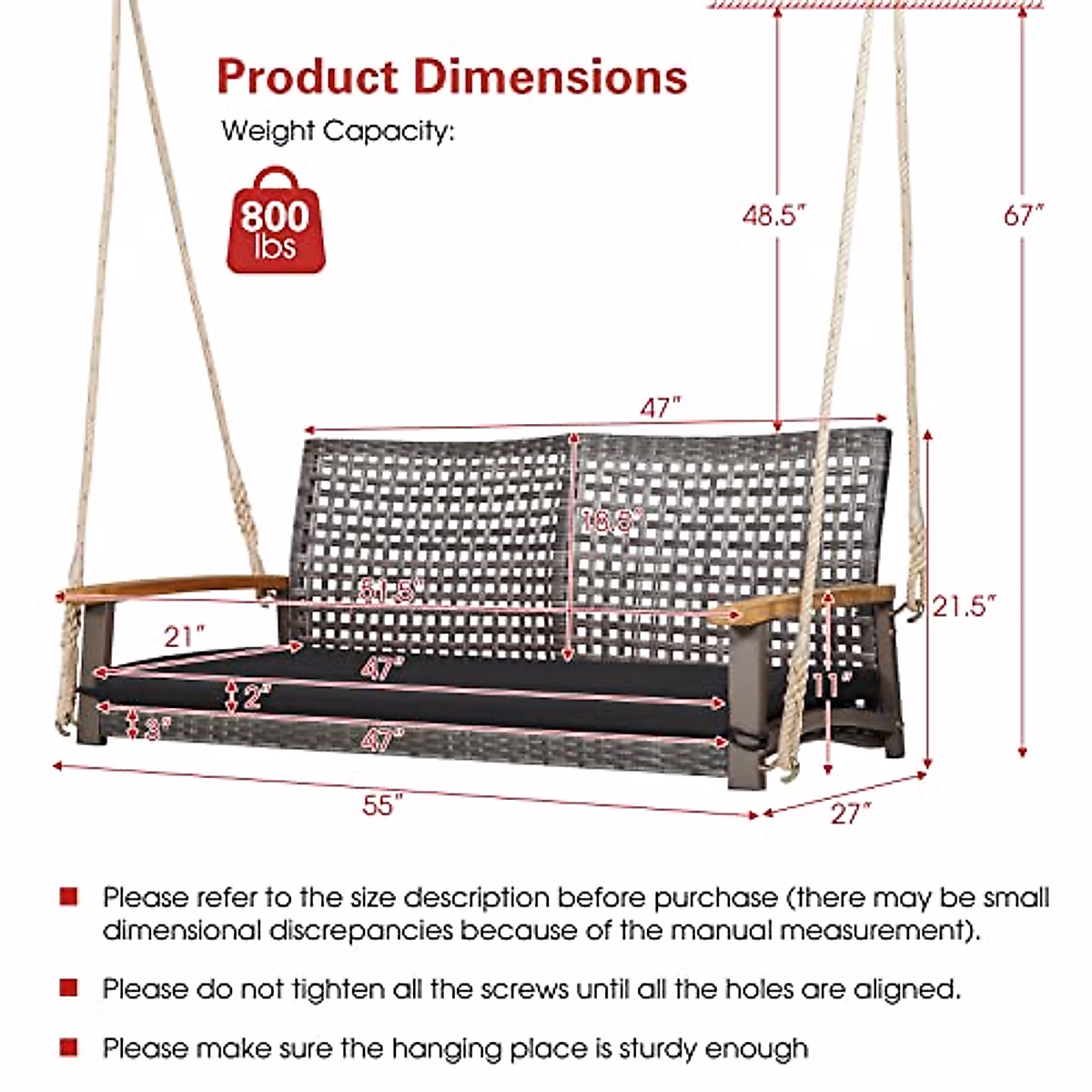 Tangkula 2-Person Outdoor Porch Swing with 118" Hanging Ropes, Patiojoy PE Wicker Patio Hanging Swing Bench with Soft Seat Cushion & 800 Lbs Weight Capacity, Suitable for Patio, Garden (Black)