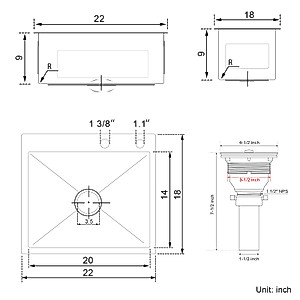OUGOO 22 x 18inch Drop-in Tight Radius Black Stainless Steel Topmount Kitchen Sink Single Bowl