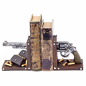 Bellaa 26317 Vintage Pistol Bookends Gun Six-Shooter Revolver Bullets Man Cave Book Shelf Firearm Deco Weapons Fire Arms Rustic Western Cowboy Mans Cave 6 Inch Tall