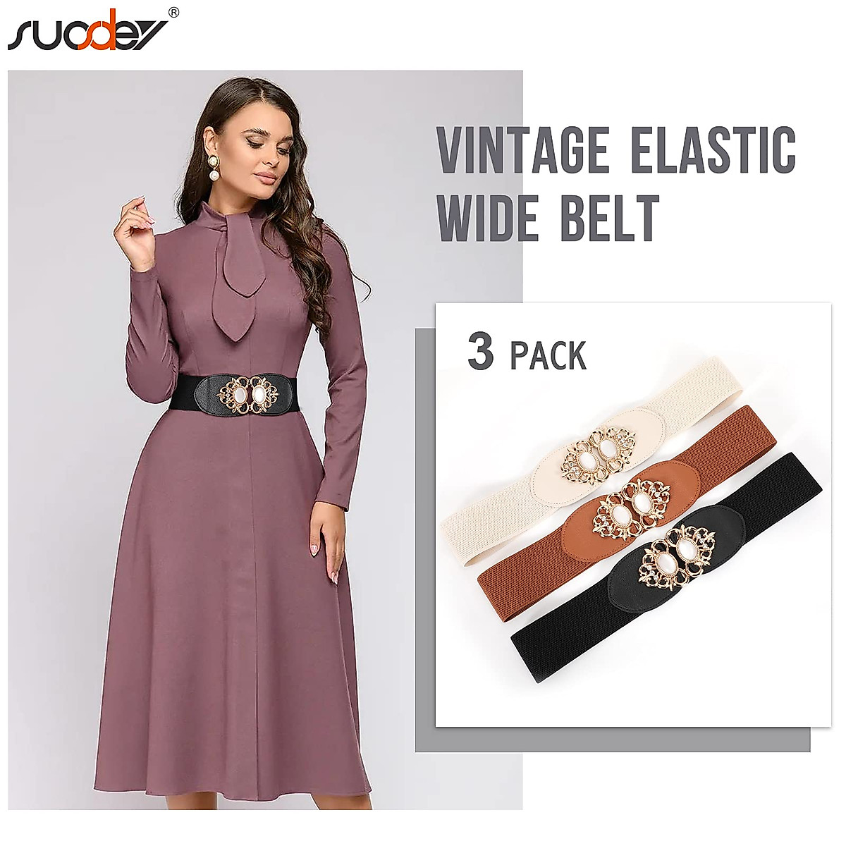 SUOSDEY 3 Pack Women Wide Elastic Stretchy Belt Vintage Cinch Belt Waistband for Dresses