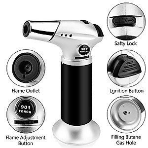 Blovec Butane Torch, Kitchen Blow Torch Cooking Torch Lighter Refillable with Security Lock and Adjustable Flame for Creme Brulee, Baking, BBQ, DIY Soldering (Butane Gas Not Included) (Silver)