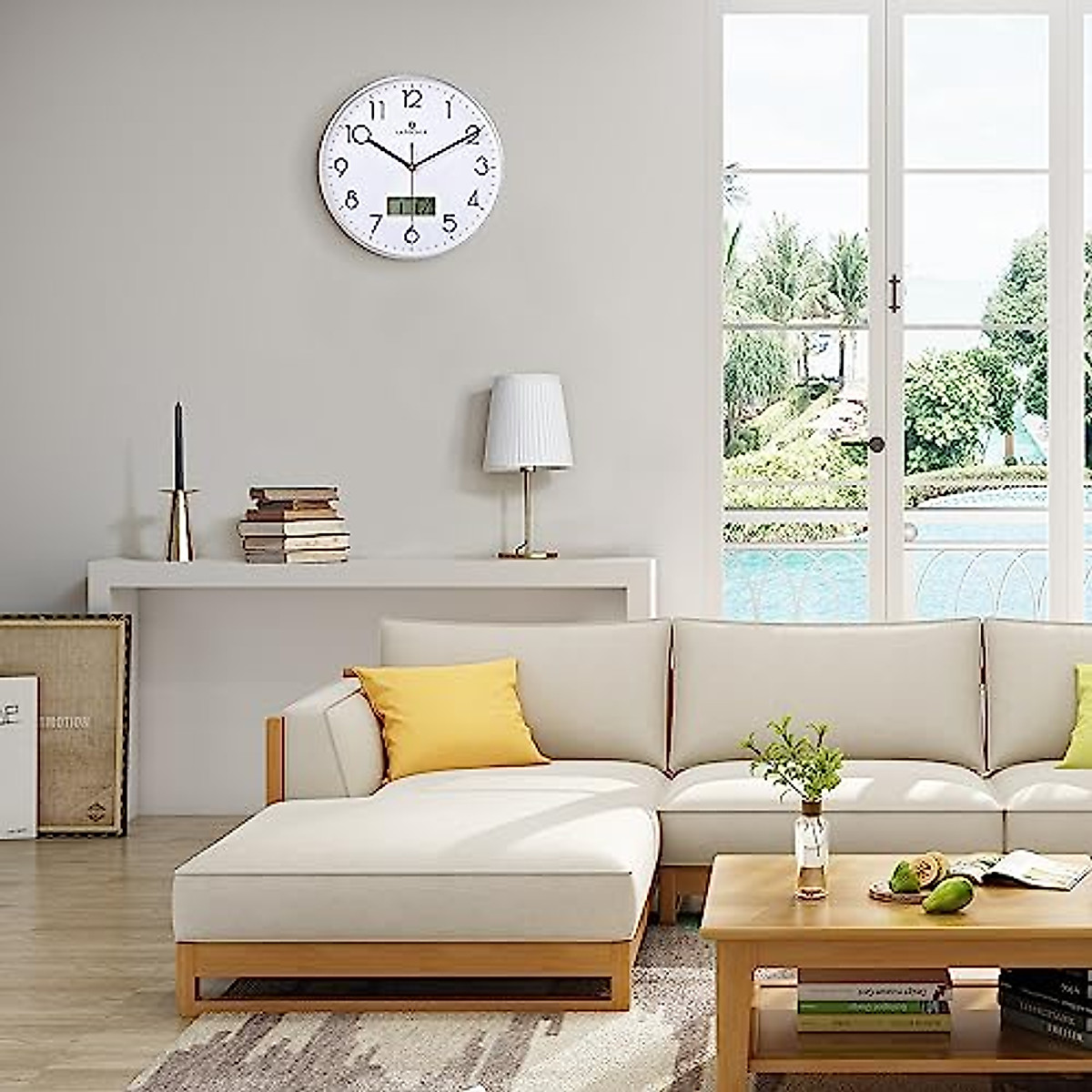 Lafocuse Silver Wall Clock with Date,Month,Day of Week and Temperature, Silent Non-Ticking Battery Operated Clock for Living Room Bedroom Office Decor