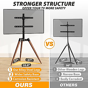 TVON Easel TV Stand with Tripod Base for 37–65 Inch Flat/Curved Screen TVs up to 77 lbs, Height Adjustable TV Floor Stand with Cable Ties and 100° Swivel for Bedroom, Living Room, Studio, Brown
