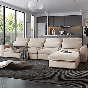 Verfur L-Shaped Feather Filled Sectional Sofa with Movable Ottoman, Modern Convertible Corner Couch with Reversible Chaise and 4 Pillows, 5-Seat Comfy Sofa & Couches for Living Room Furniture Sets