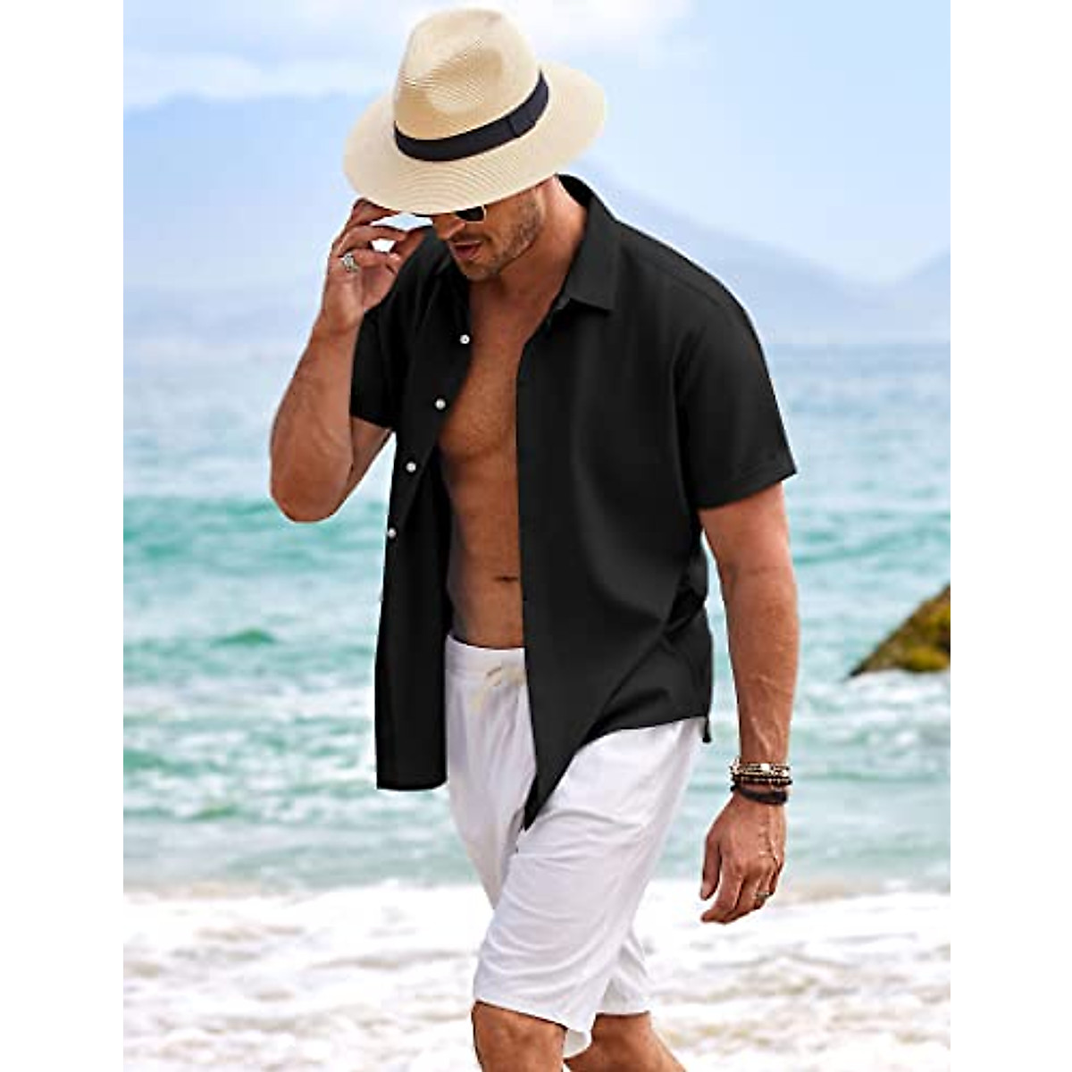 COOFANDY Men's Linen Shirts Short Sleeve Casual Shirts Button Down Shirt for Men Beach Summer Wedding Shirt Black