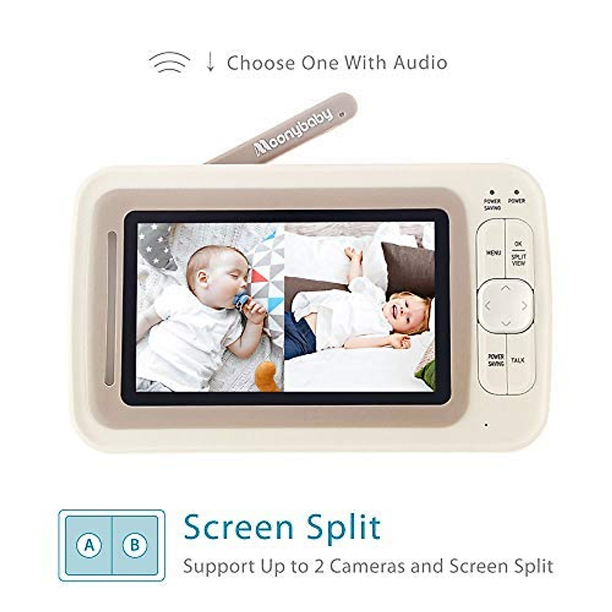 Moonybaby Split Screen Baby Monitor with 2 Cameras and Audio, Model: Split 30, No WiFi, Extended 12hrs Battery Life, Wide View, Long Range, Auto Night Vision, 4.3" Large Screen, Lullaby, 2-Way Audio