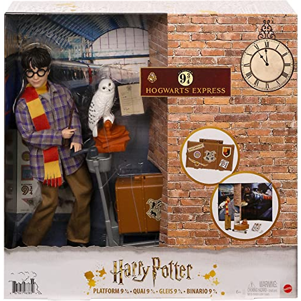 Mattel Harry Potter Collectible Platform 9 3/4 Doll (10-inch), Posable, Wearing Travel Fashion, with Hedwig, Luggage & Accessories, Gift for Collectors and Kids 6 Years Old and Up